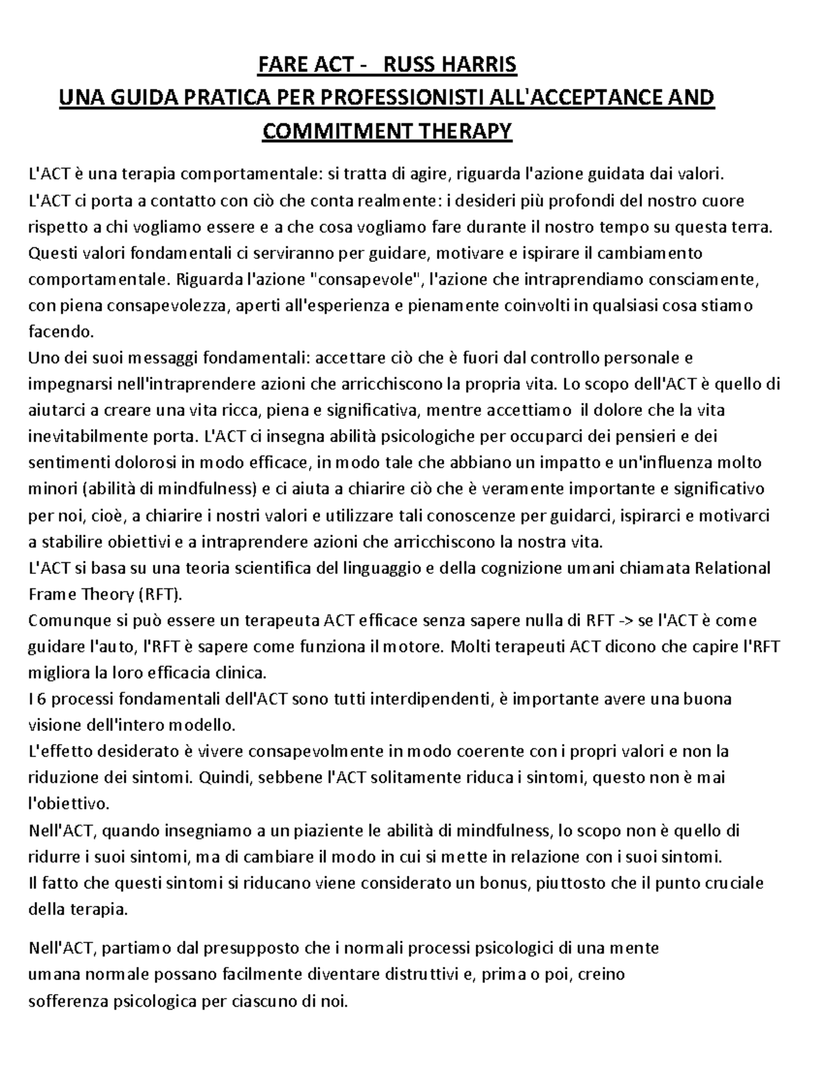 Riassunto del FARE ACT: Guida all'Acceptance and Commitment Therapy ...