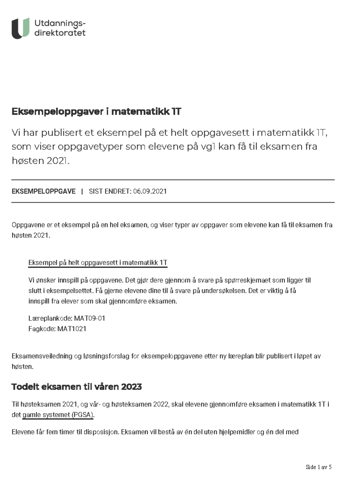 Eksempeloppgaver for Matematikk 1T - Eksamensforberedelse MAT09- - Studocu
