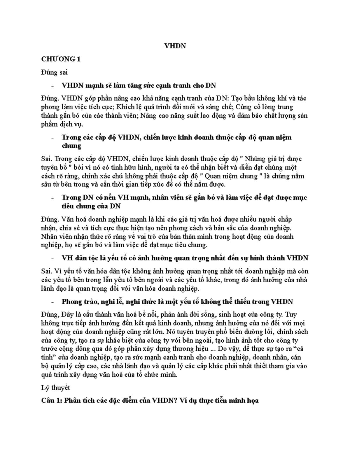 VHDN - CHƯƠNG 1: Đặc điểm và Cấp độ của Văn Hóa Doanh Nghiệp - Studocu