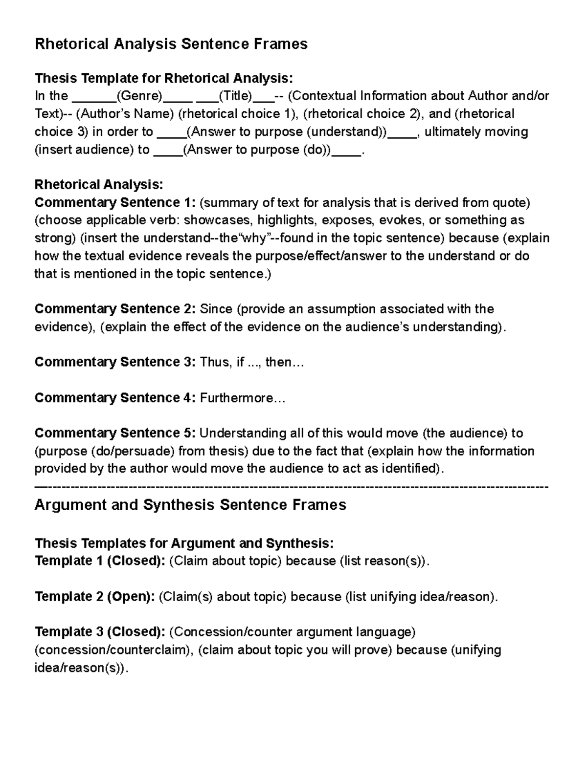 Thesis & Commentary Frames for Rhetorical Analysis and Argument - Studocu