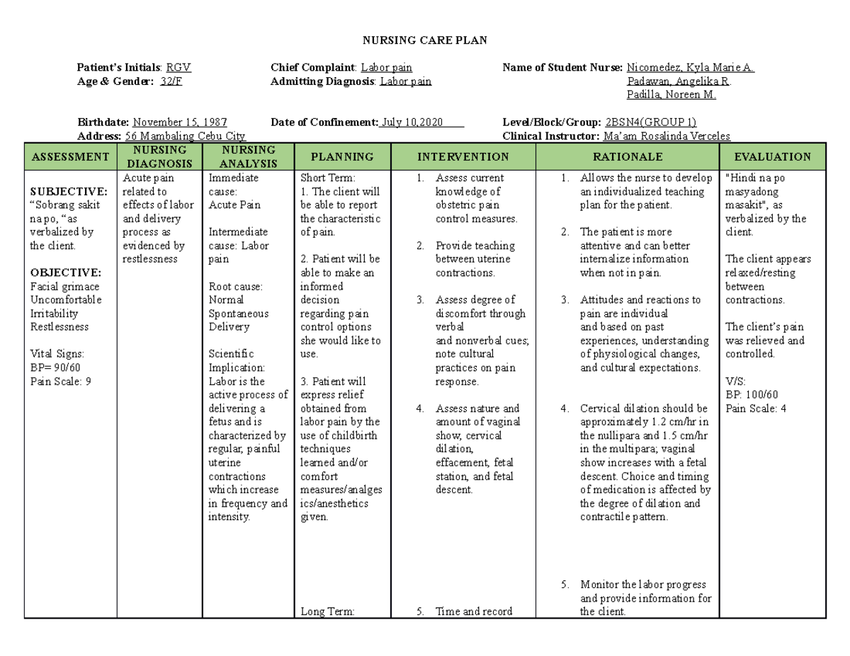 Nursing Care Plan (2BSN4) for Labor Pain Management: Initial Assessment ...