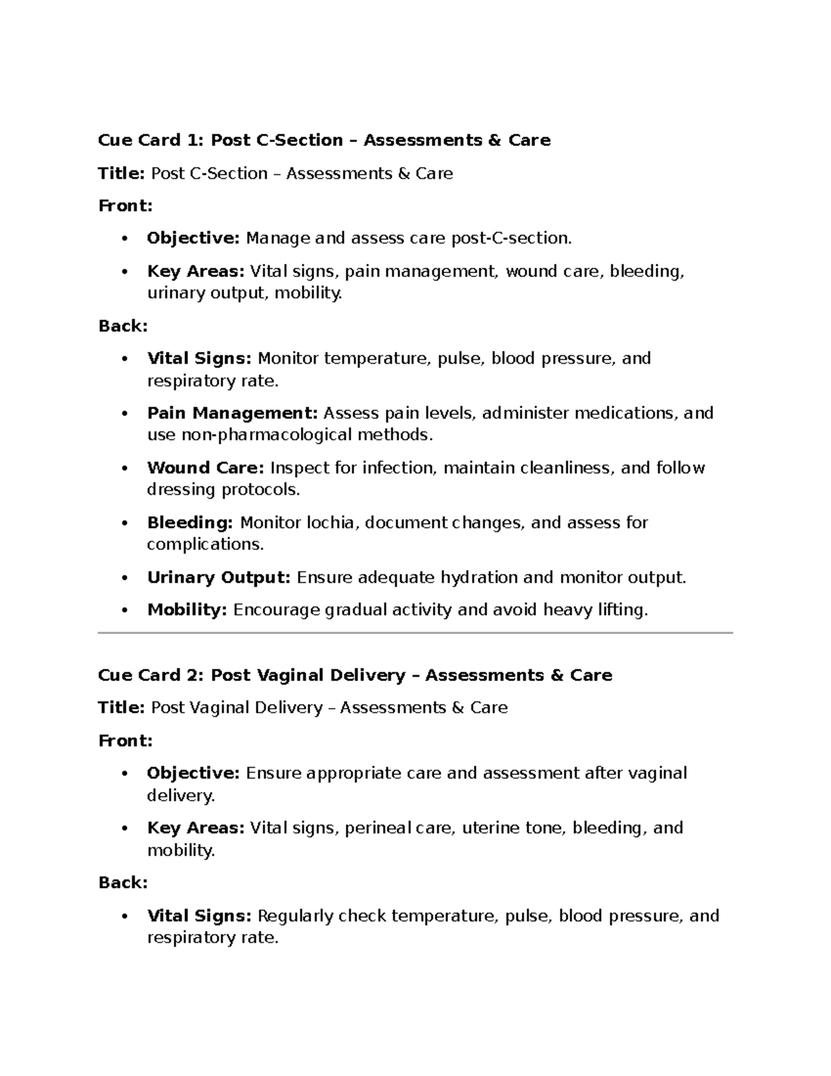Cue Card - Postpartum Assessments & Care in Newborns (NUR 101) - Studocu
