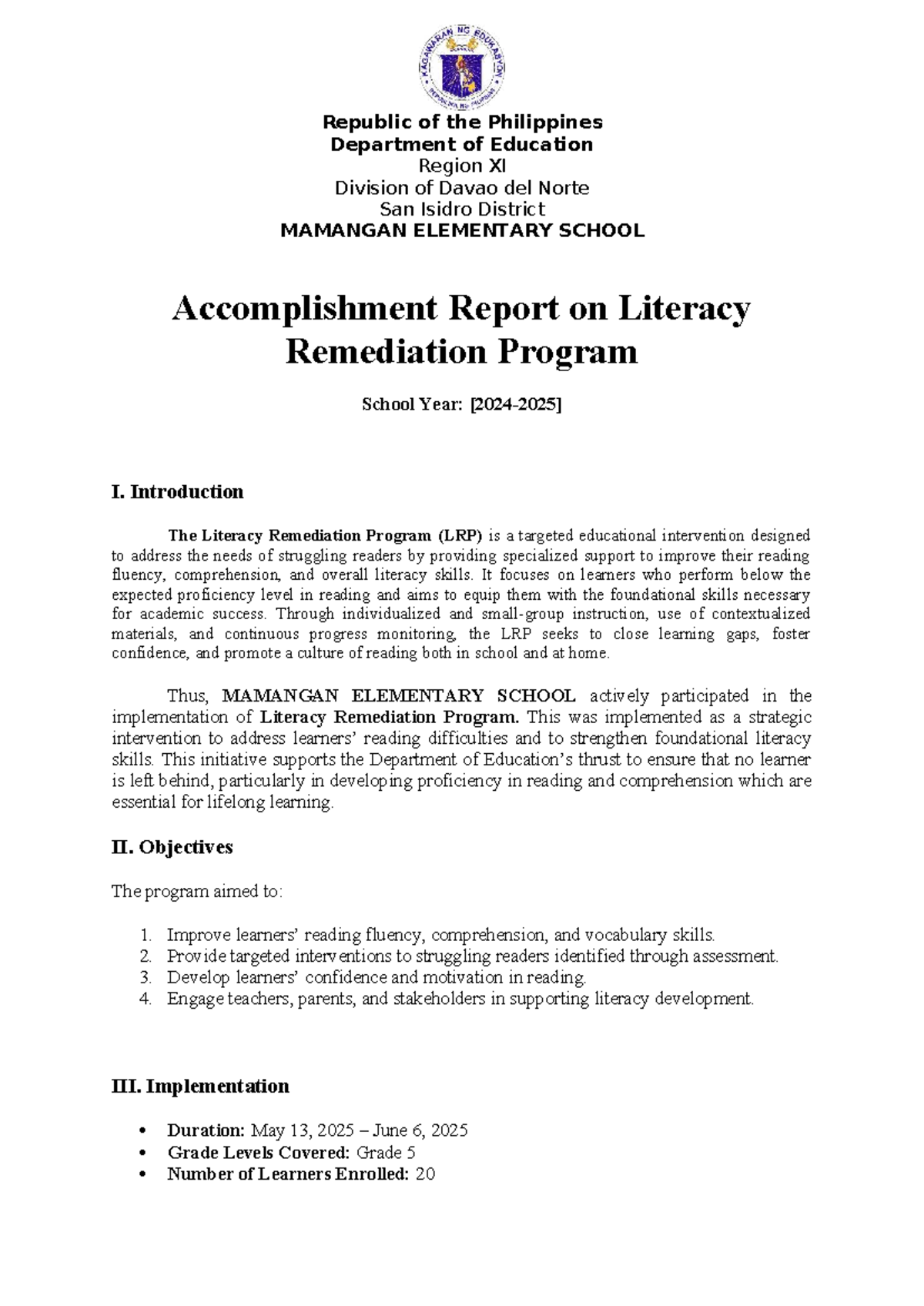 Accomplishment Report on Literacy Remediation Program (LRP) 2025 - Studocu