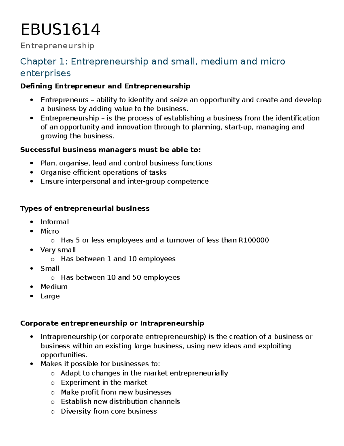 EBUS1614 Entrepreneurship Chapter 1: Key Concepts and Business ...