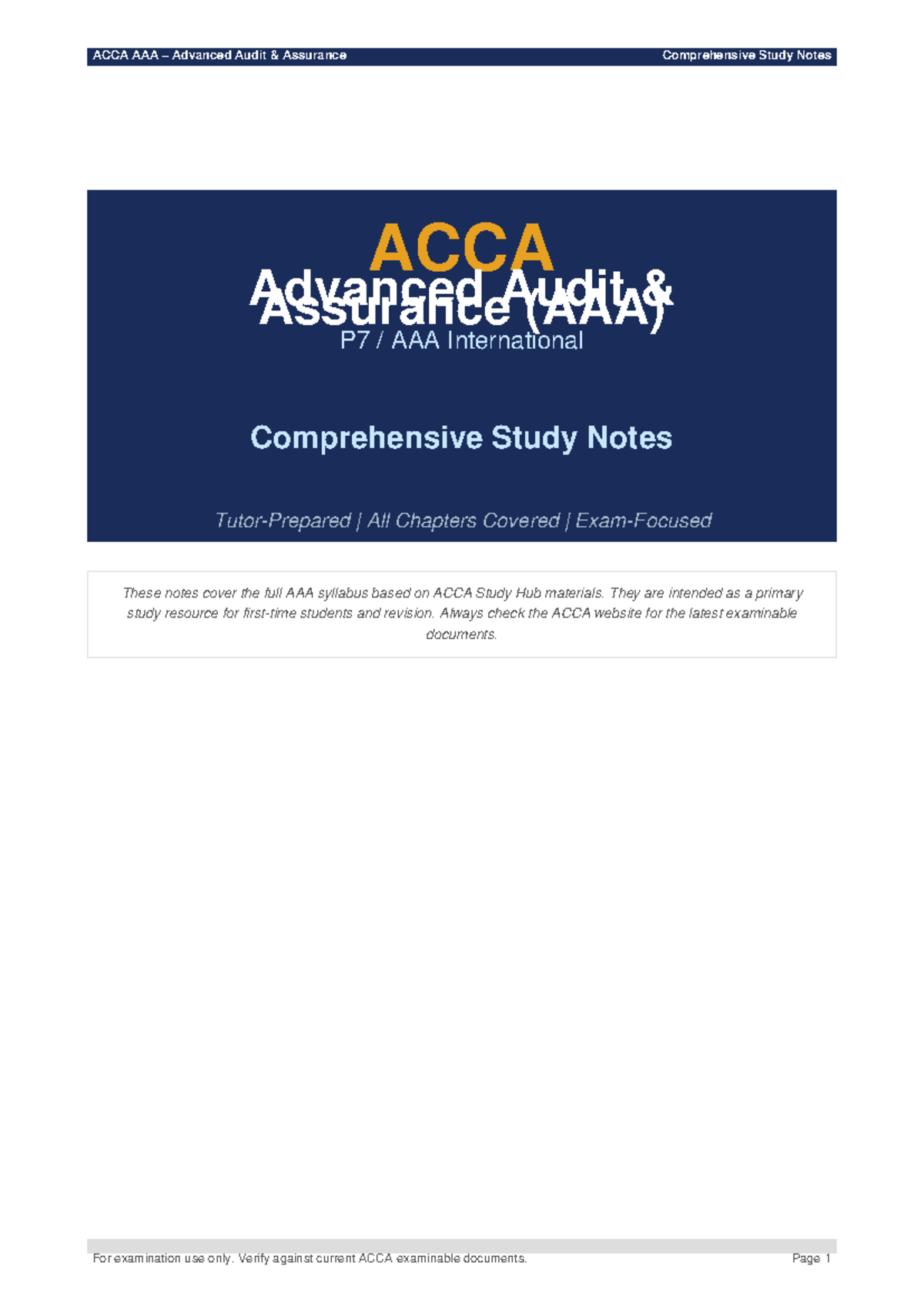 ACCA P7 Advanced Audit Assurance Comprehensive Study Notes - Studocu