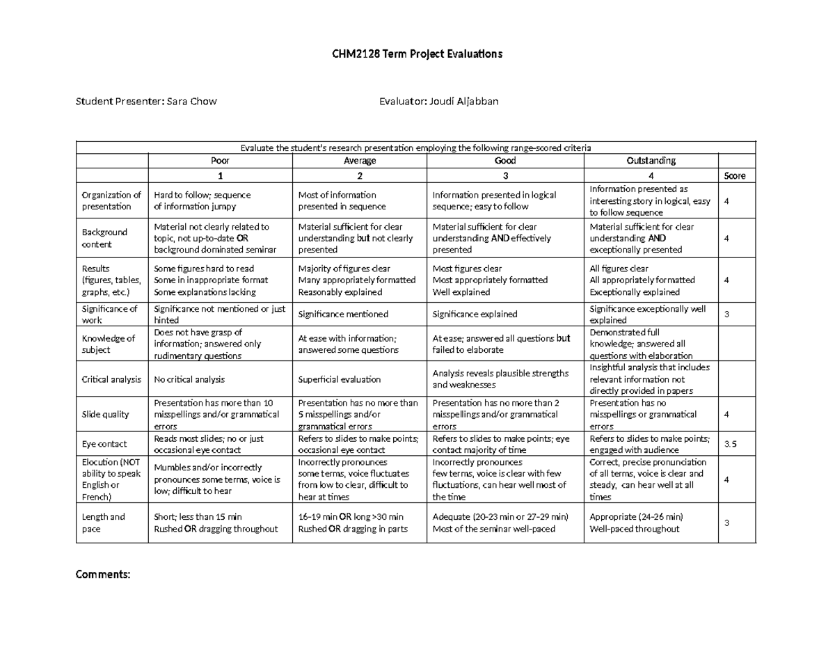 CHM2128 Term Project Presentation Evaluation Rubric - Studocu