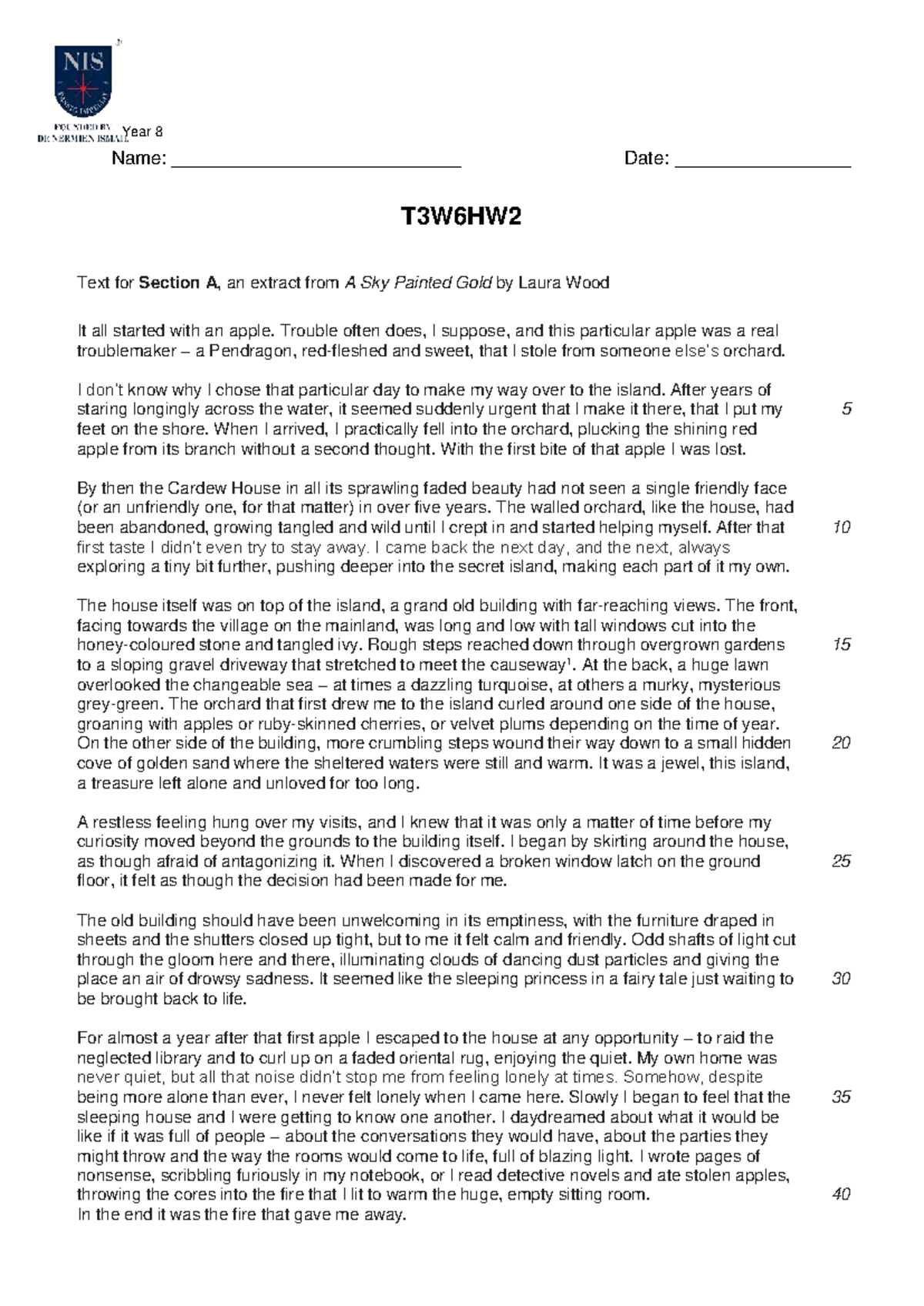 Year 8 T3W6HW2: Analysis of A Sky Painted Gold Extract - Studocu