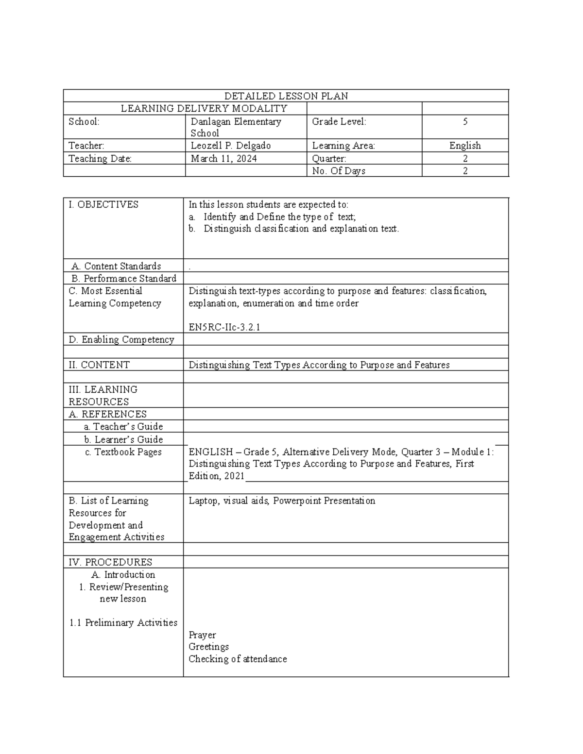 Detailed Lesson Plan: Distinguishing Text Types in English 5 - Studocu