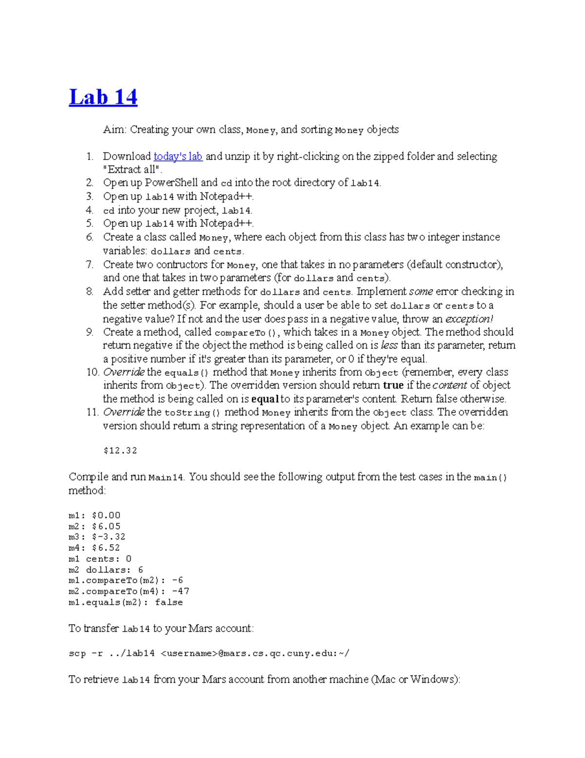 Lab 14 - Lab assignment 14 - Lab 14 Aim: Creating your own class, Money ...