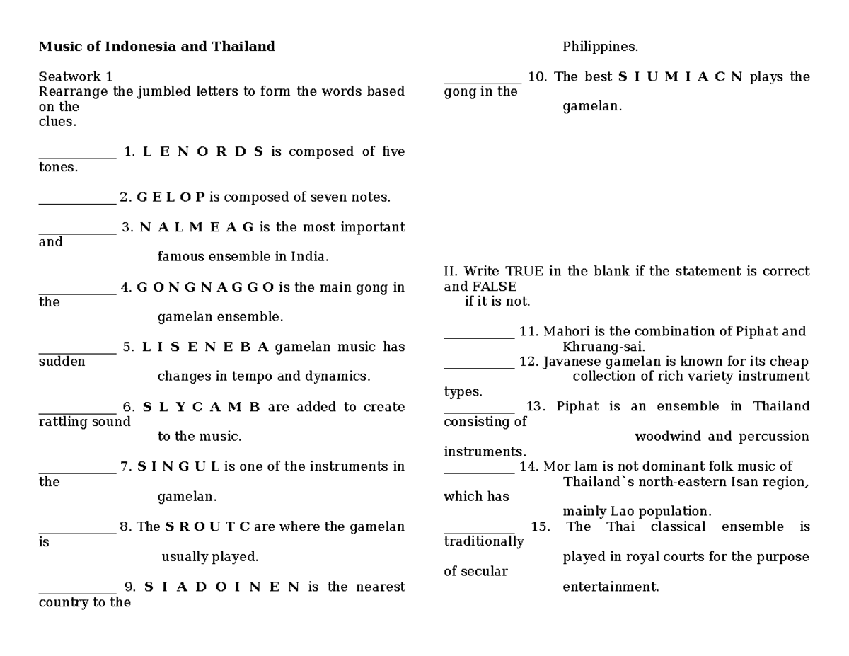 Music of Southeast Asia: MAPEH 8 Lecture Notes - Studocu