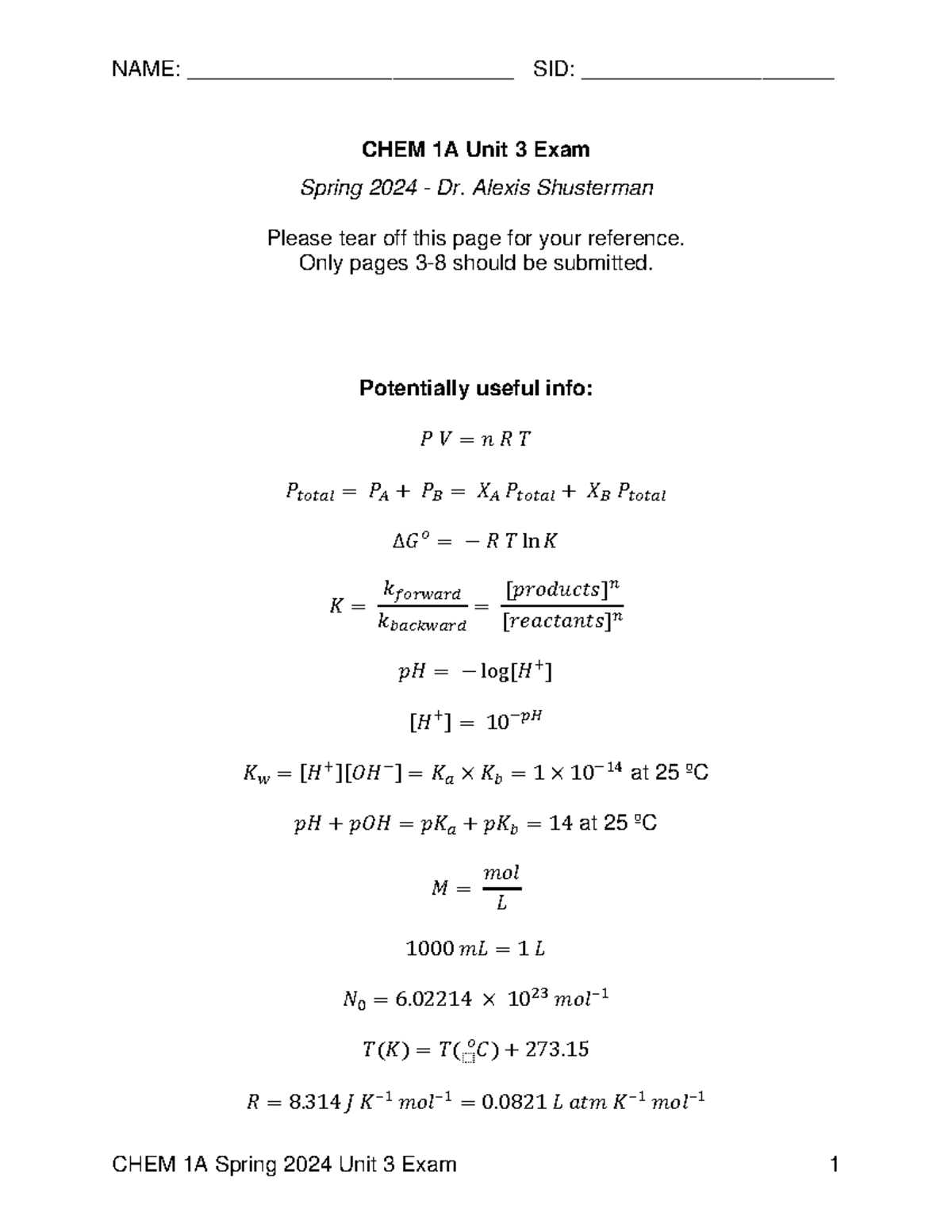 CHEM 1A Spring 2024 Practice Midterm Exam 3 - Studocu