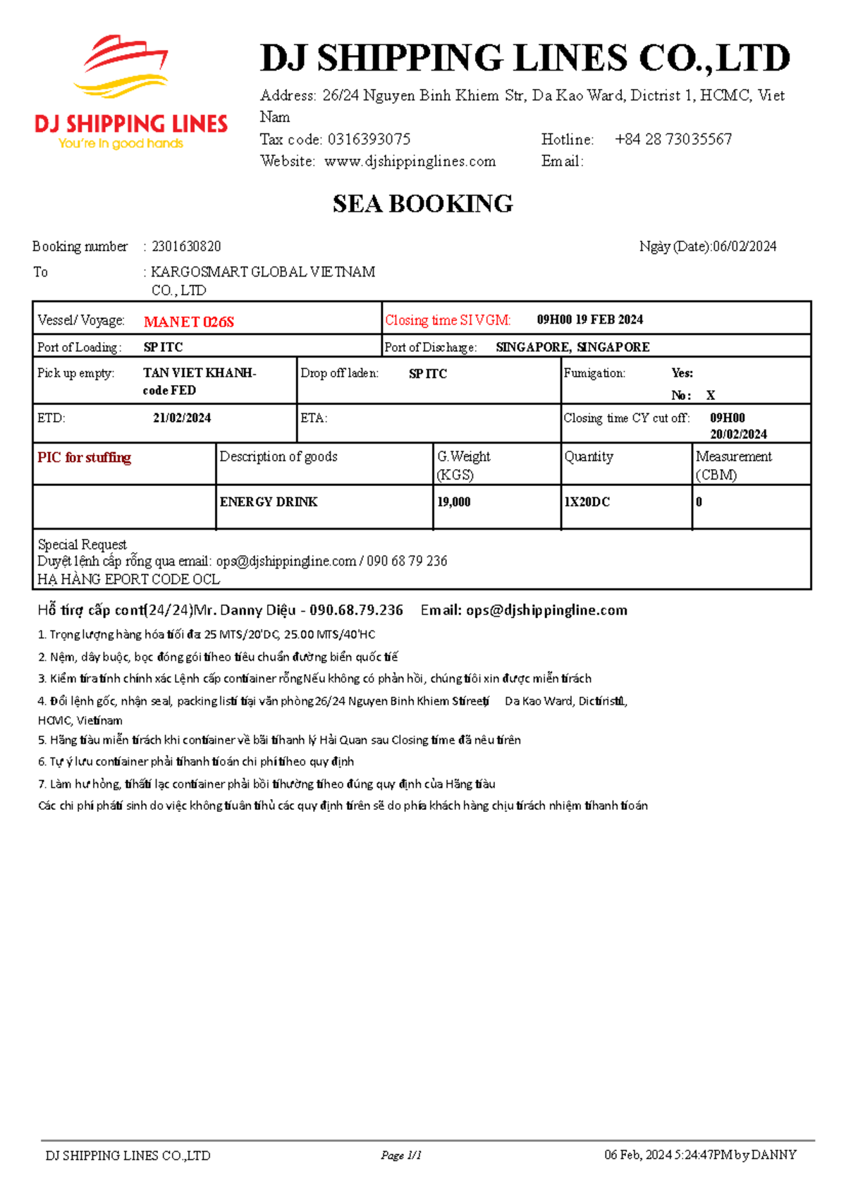 2301630820 - DJ SHIPPING LINES CO.,LTD Address: 26/24 Nguyen Binh Khiem ...