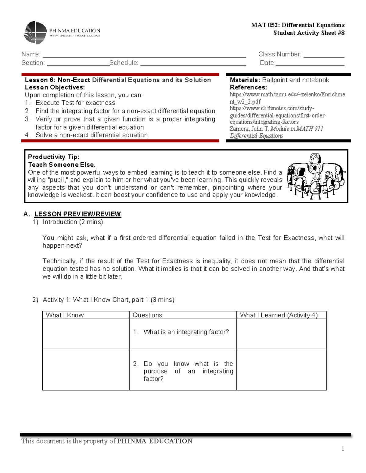 MAT 052: Differential Equations Student Activity Sheet and Lesson Guide ...
