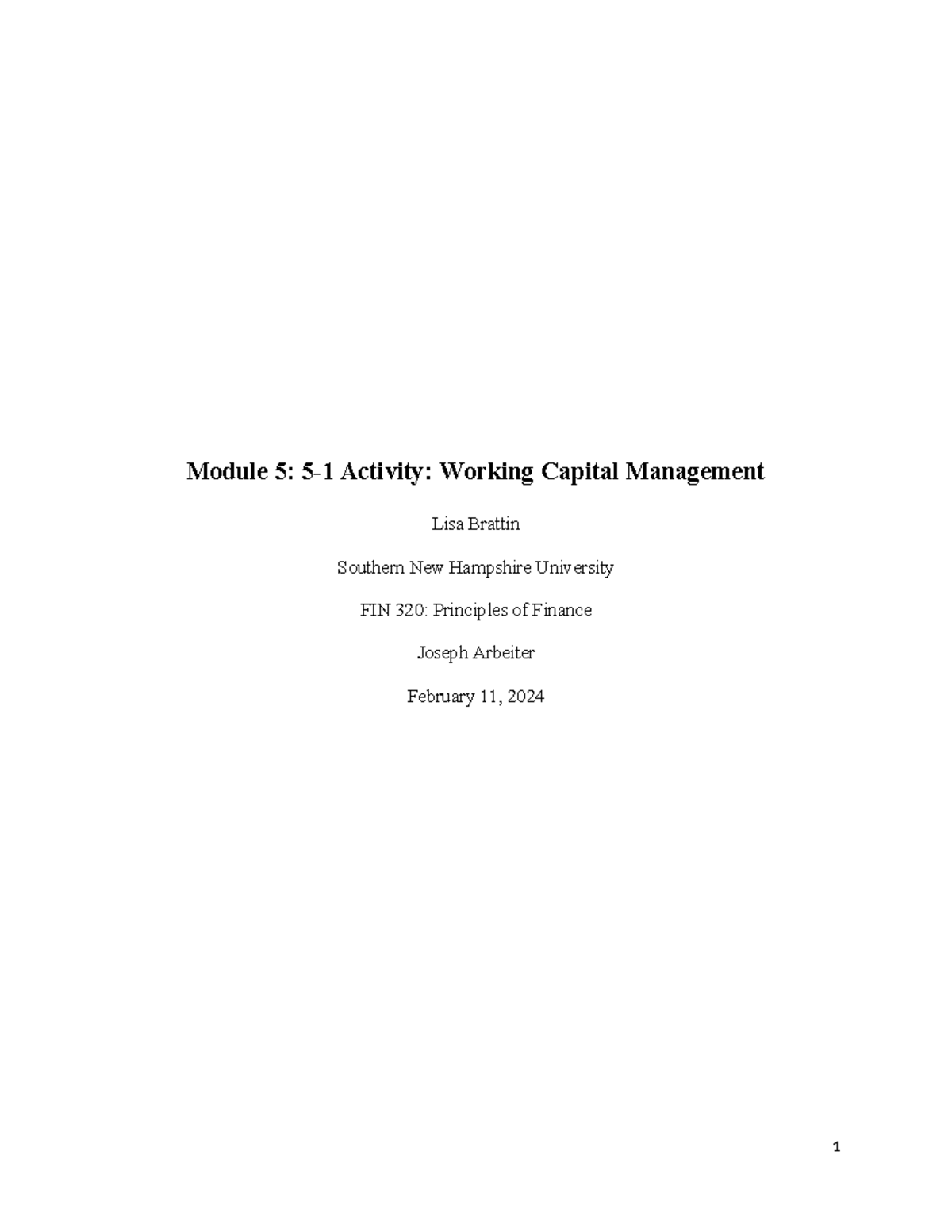FIN 320: Working Capital Management Activity - Module 5 Assignment ...