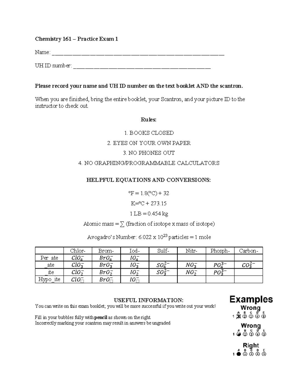 Chemistry 161 – Practice Exam 1: Comprehensive Review Questions - Studocu