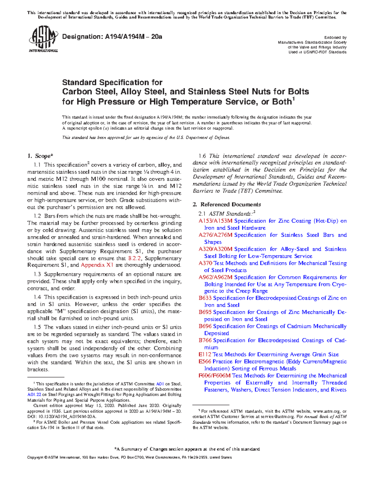 ASTM A194 A194M-20a Spec for High Pressure/Temperature Nuts - Studocu