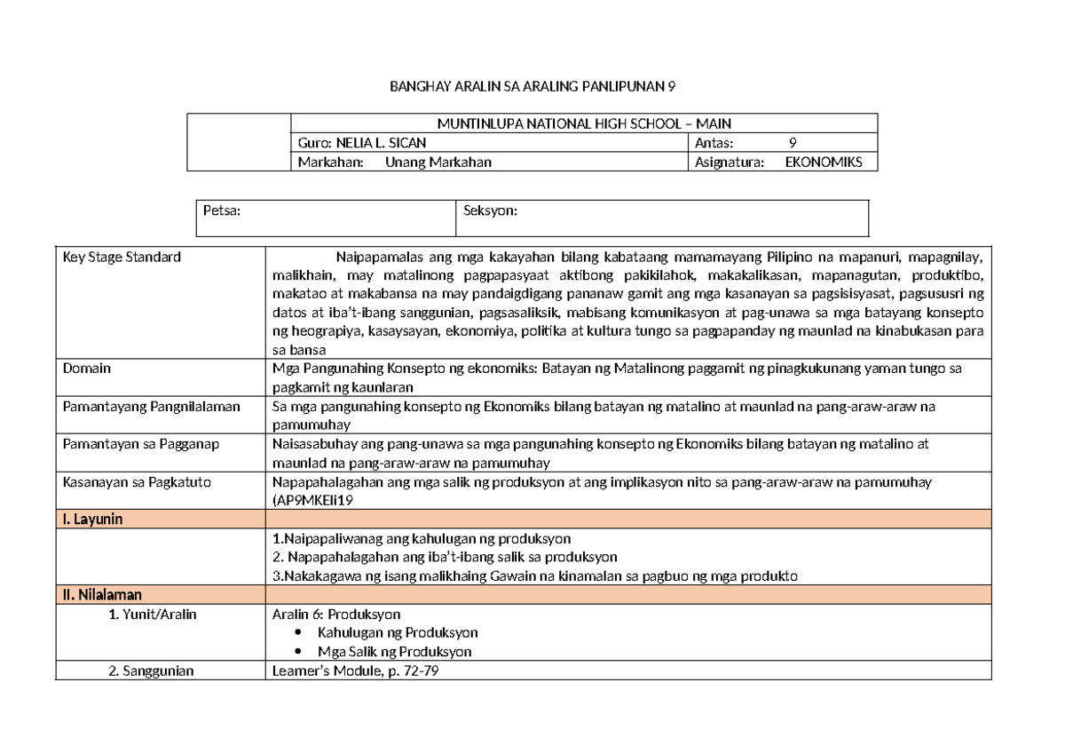 LP Produksyon: Lesson Plan para sa Ekonomiks 9 - Studocu