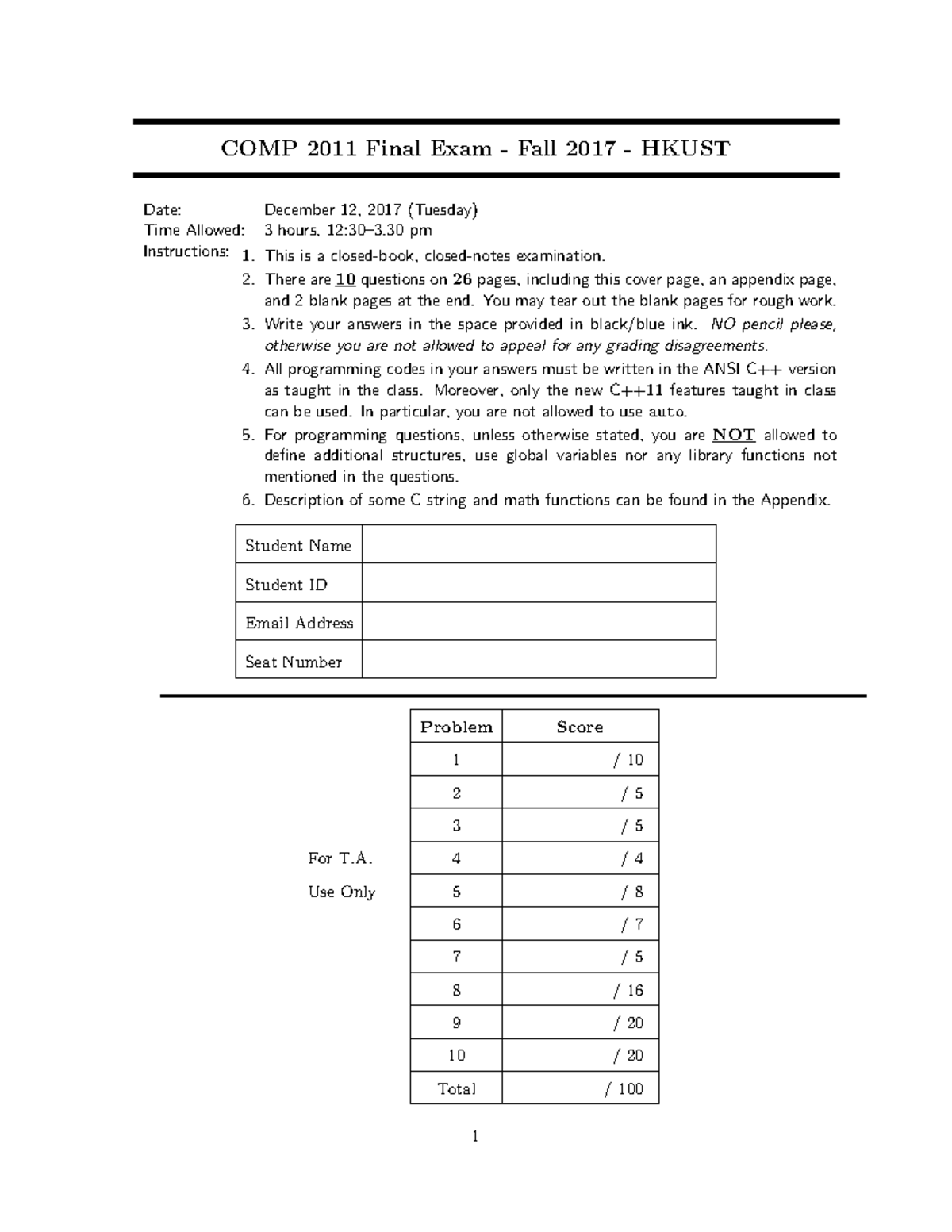 COMP 2011 Final Exam Past Paper - Fall 2017 at HKUST - Studocu