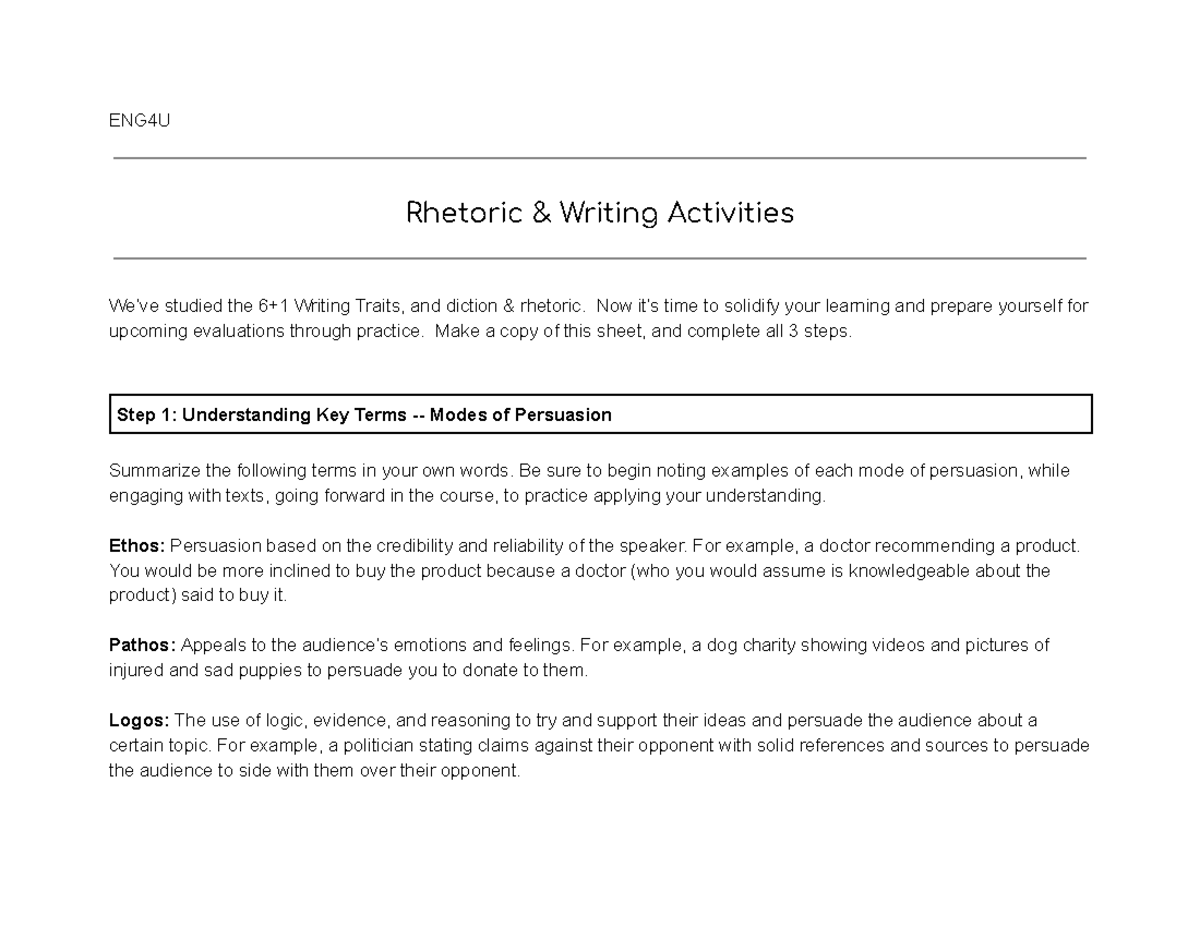 ENG4U Rhetoric & Writing Activities: Understanding Persuasion Modes ...