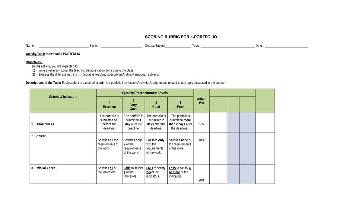 E Portfolio Rubric 1 - Helpful - SCORING RUBRIC FOR e-PORTFOLIO Name ...