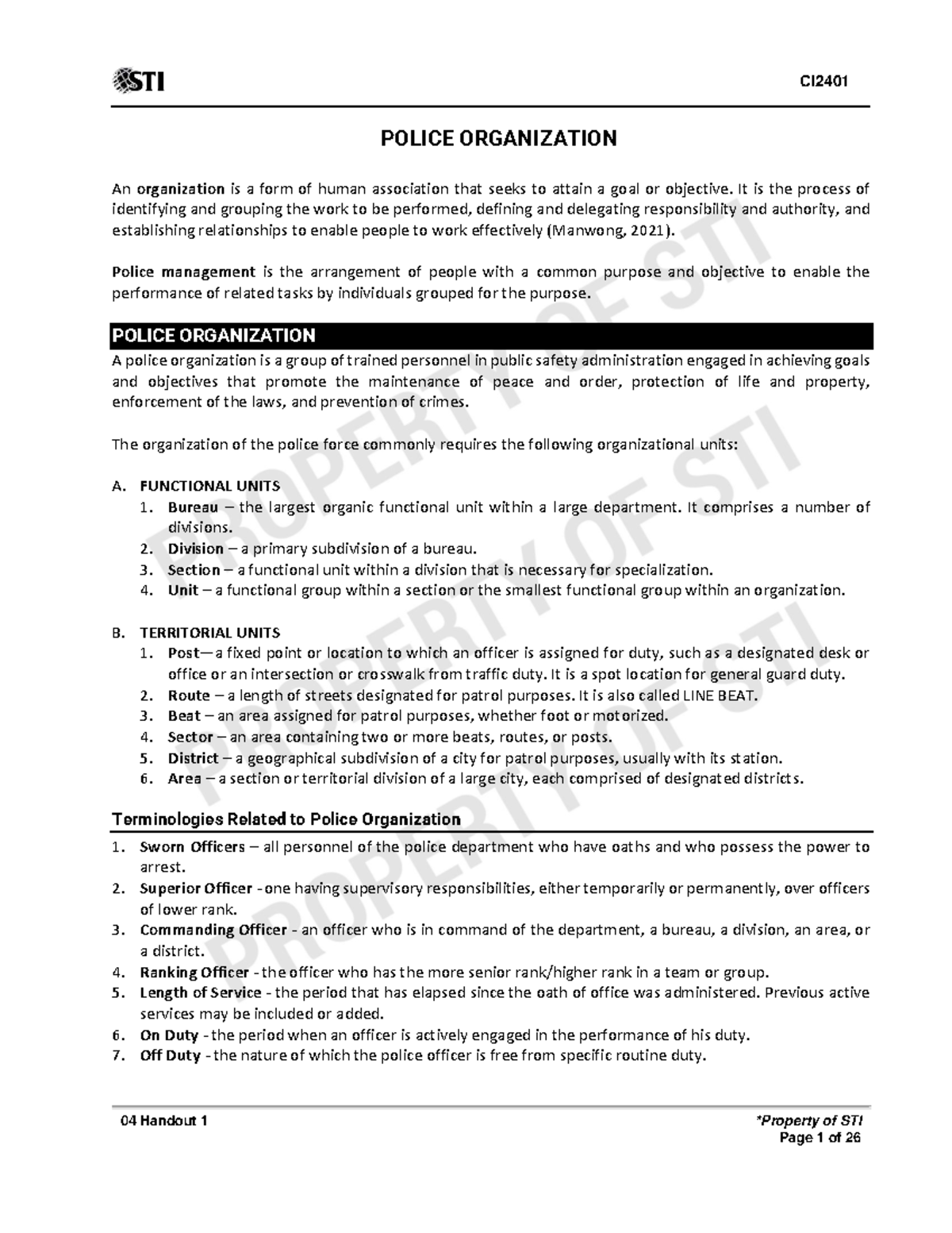 CI2401 POLICE ORGANIZATION: Structure, Functions, and Terminologies ...
