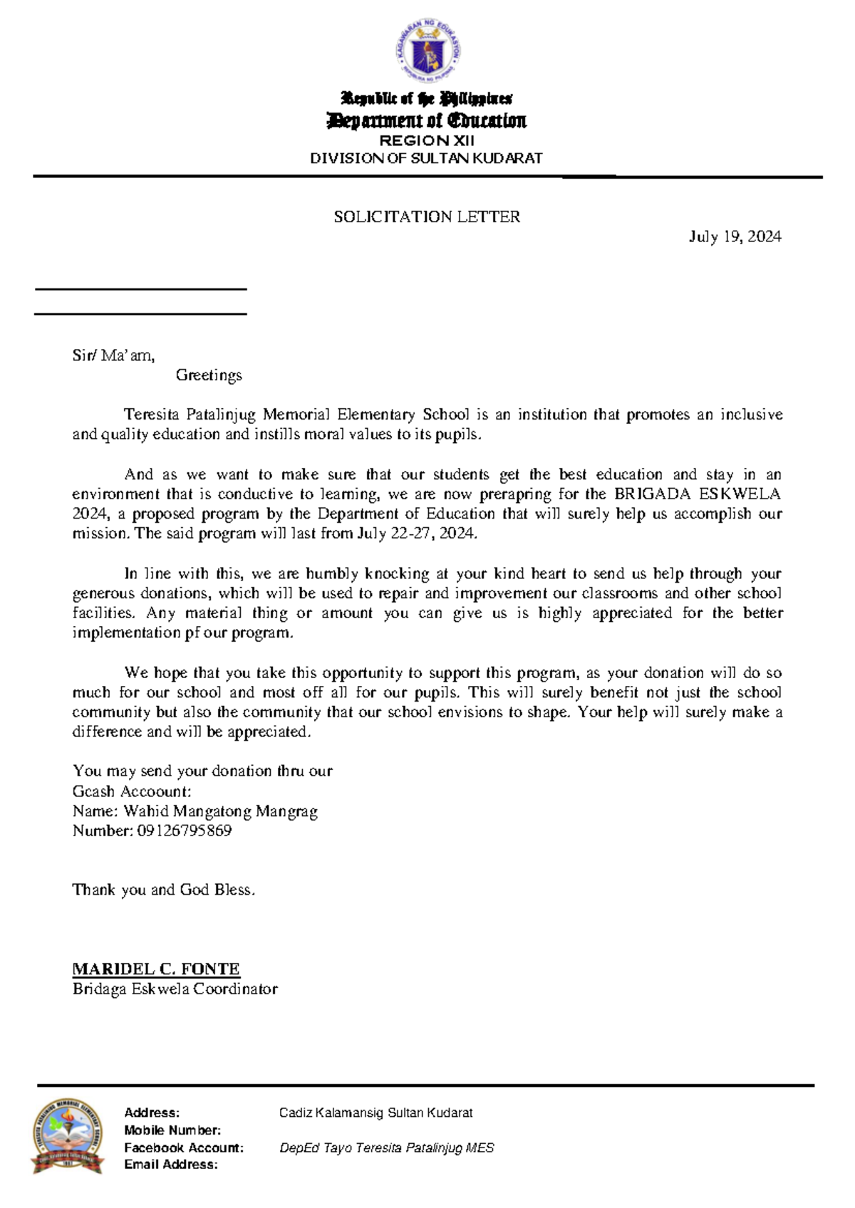 Solicitation Letter for Brigada Eskwela 2024 - Educational Purposes ...