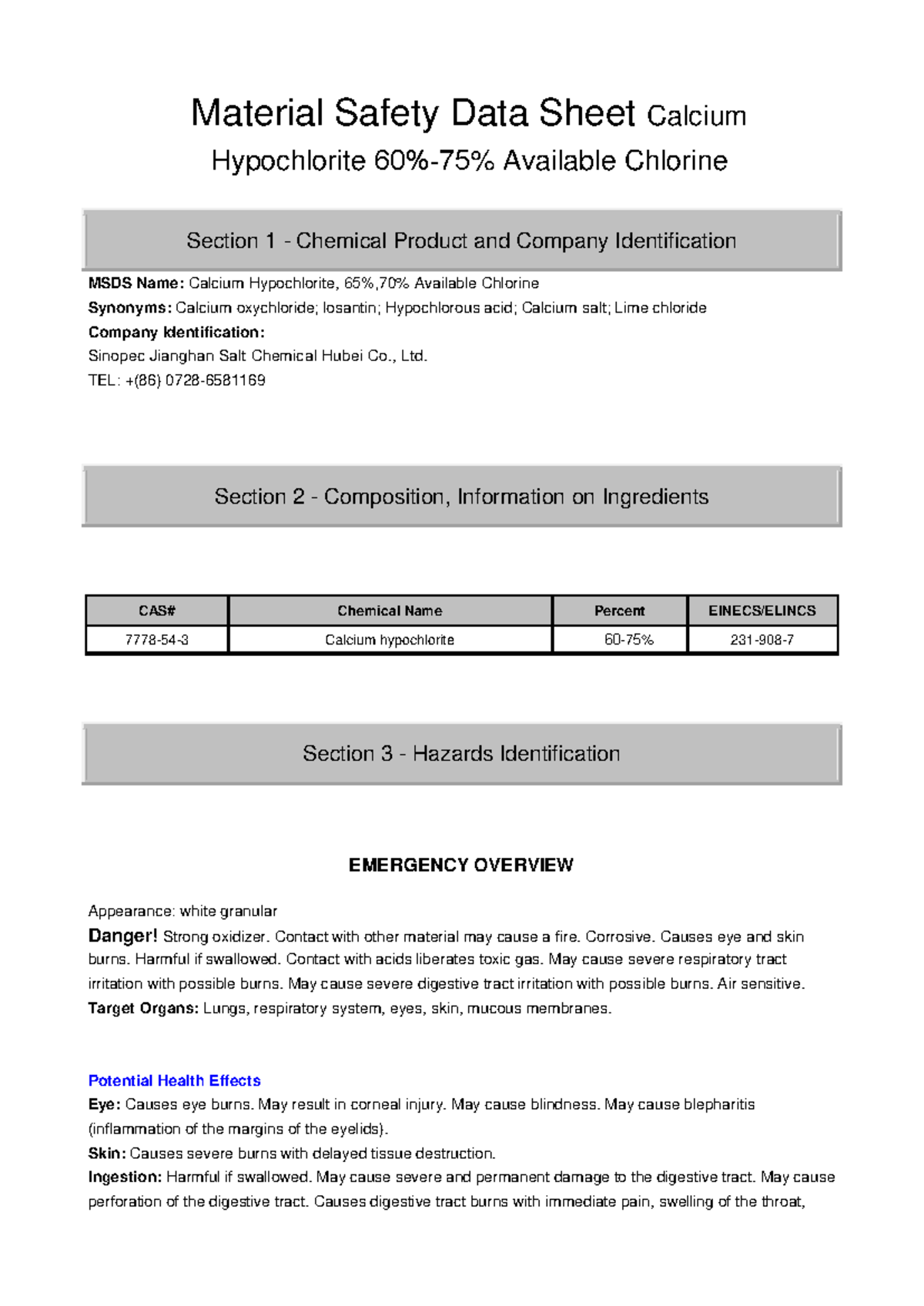MSDS for Calcium Hypochlorite (Available Chlorine) - JHY Chemicals ...