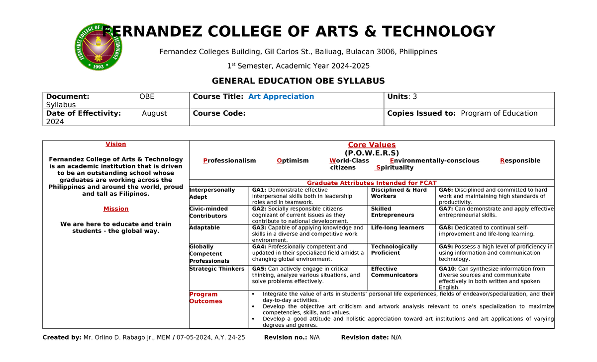Art-Appreciation-Syllabus SY 2024-2025 Romelie Ramos (Prelim-Final ...