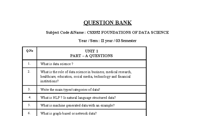 CS3352 Question Bank: Foundations of Data Science - All Units - Studocu