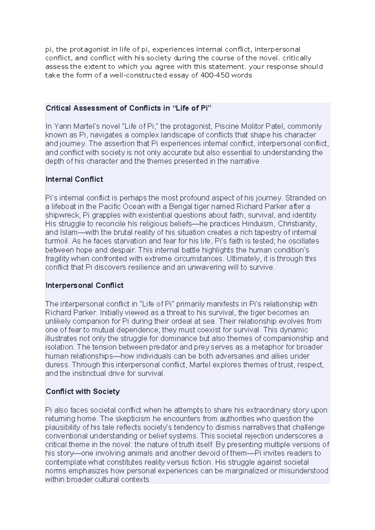 Life of Pi: Critical Essay on Internal, Interpersonal, and Societal ...