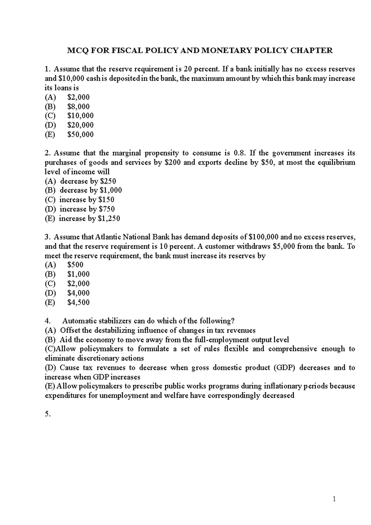 MCQ for Fiscal Policy and Monetary Policy - Chapter 1 Review - Studocu