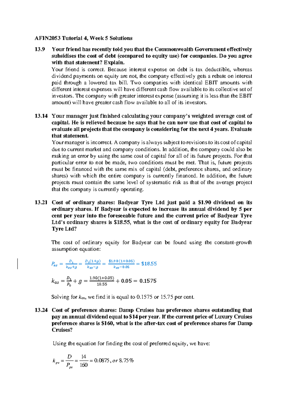 AFIN2053 Week 5 Tutorial 4: Solutions and Cost of Capital Analysis ...