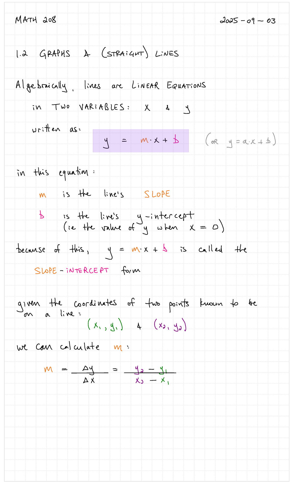 MATH 208 Lecture Notes: Understanding Linear Equations and Graphs - Studocu