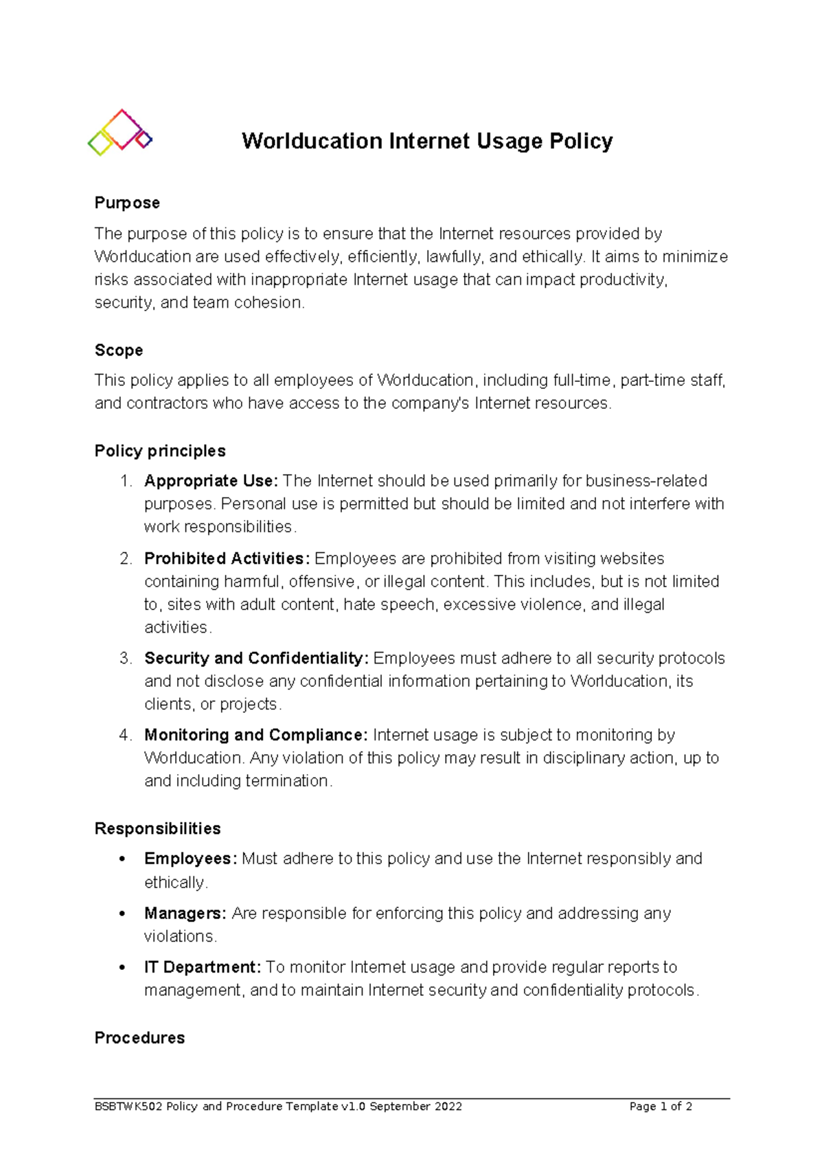 BSBTWK502 Internet Usage Policy and Procedures Template - Studocu