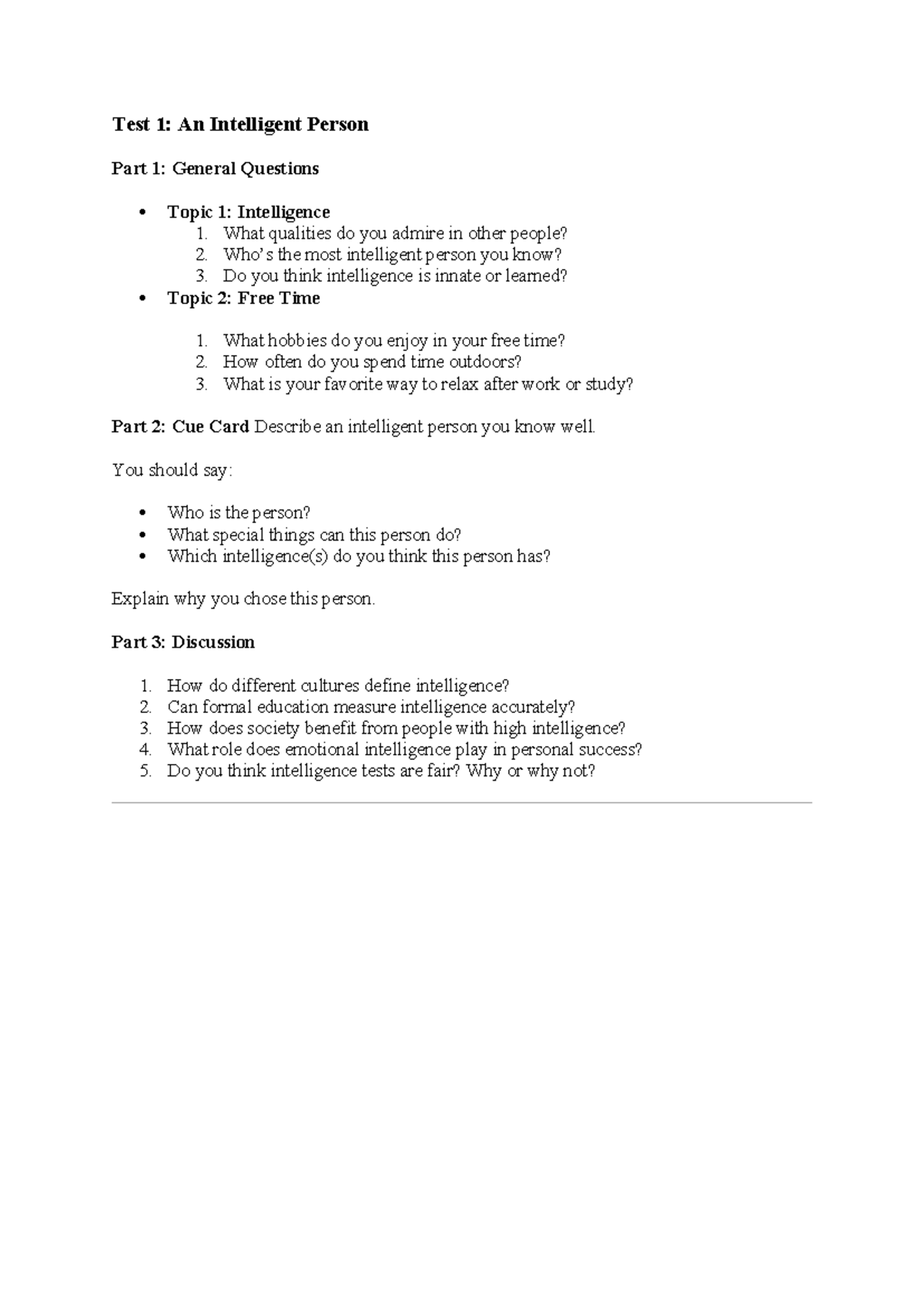 C1 - Speaking Sample Questions: Full Test Overview and Topics - Studocu