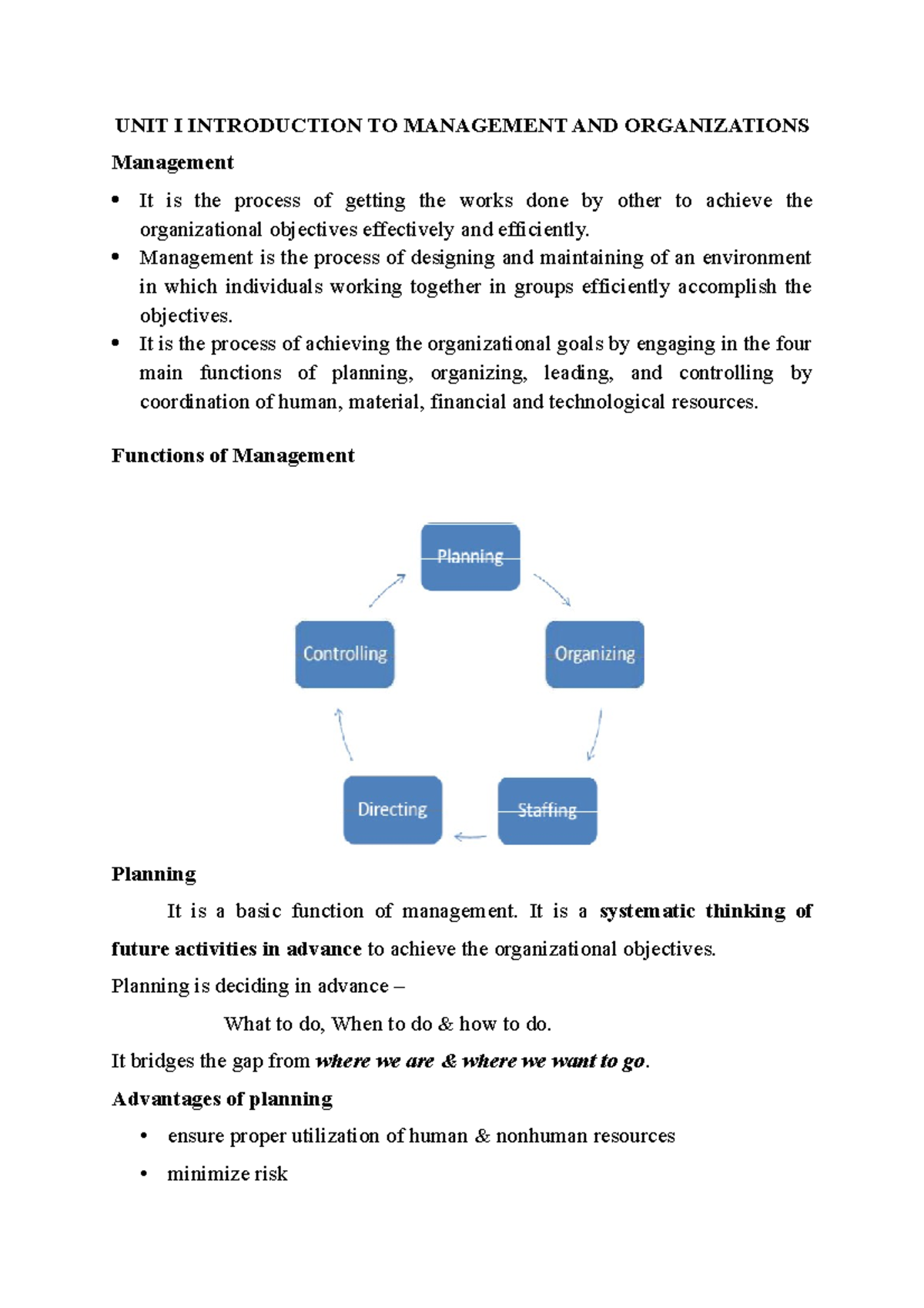 Management Concepts: Introduction & Functions - UNIT I Notes - Studocu