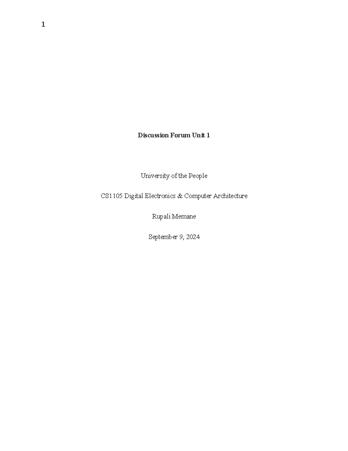 Unit 1 Discussion Forum: CS1105 Digital Electronics Overview - Studocu
