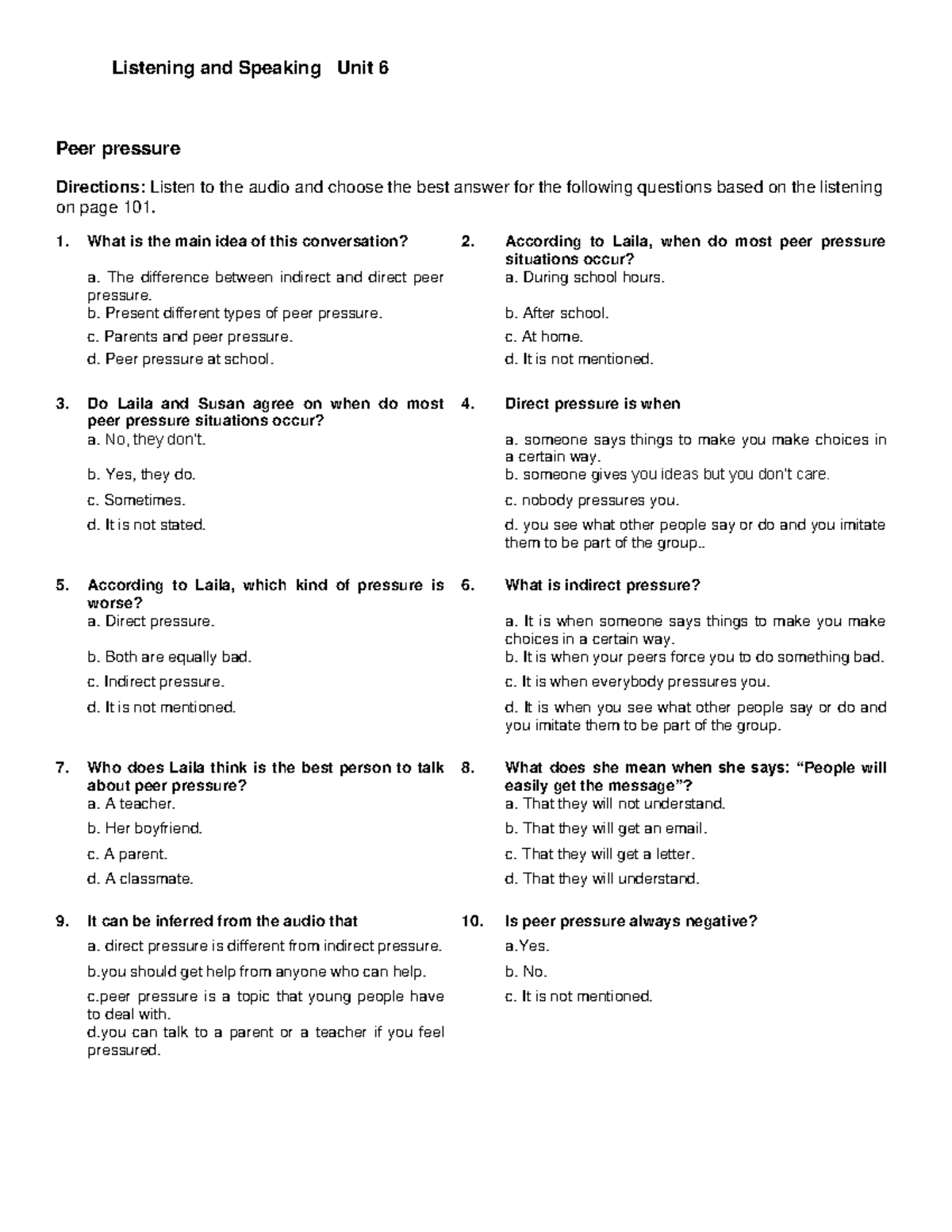L&S Unit 6 Peer pressure - Listening and Speaking Unit 6 Peer pressure ...