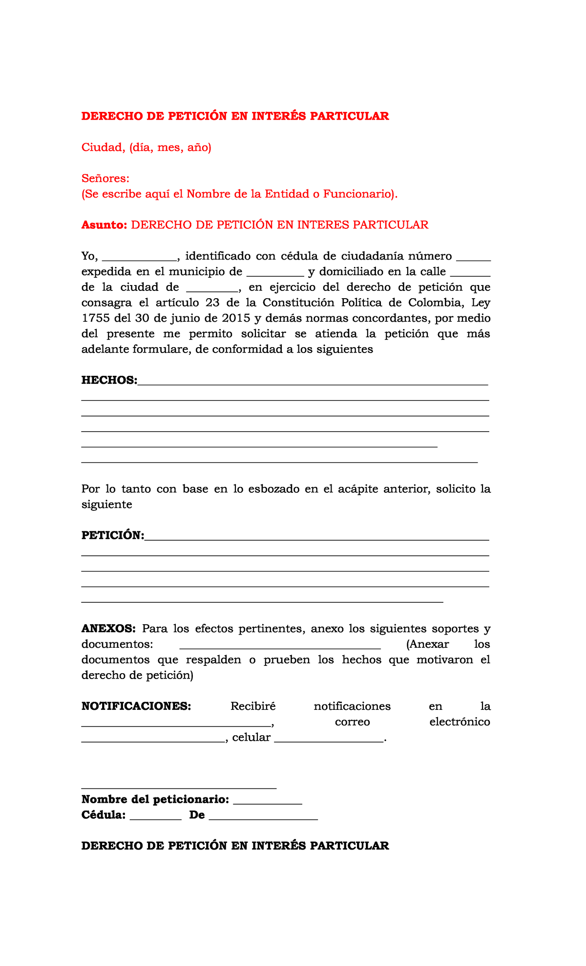 DERECHO DE PETICIÓN EN INTERÉS PARTICULAR - Modelo y Ejemplo - Studocu
