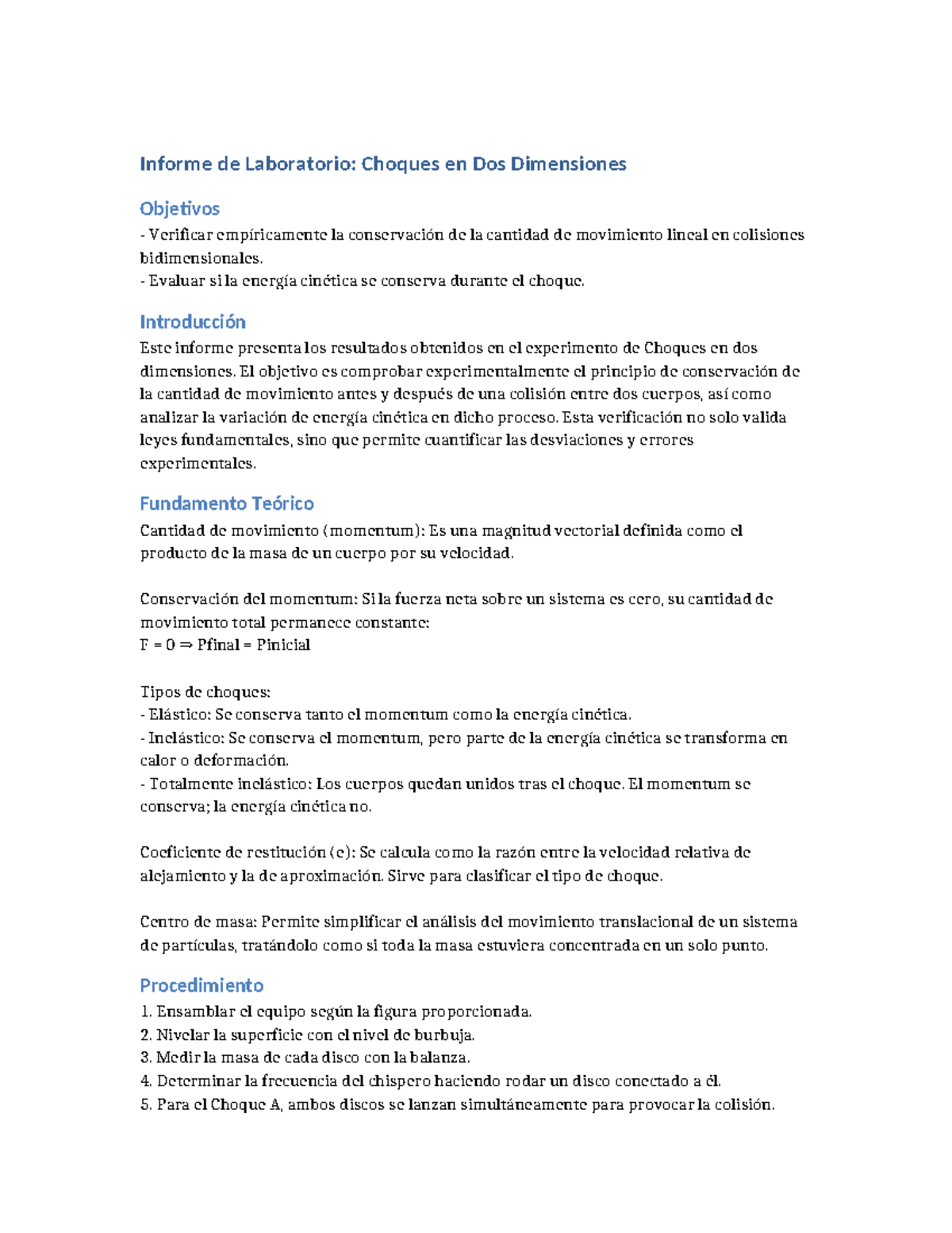 Informe de Laboratorio: Choques en Dos Dimensiones (Física) - Studocu