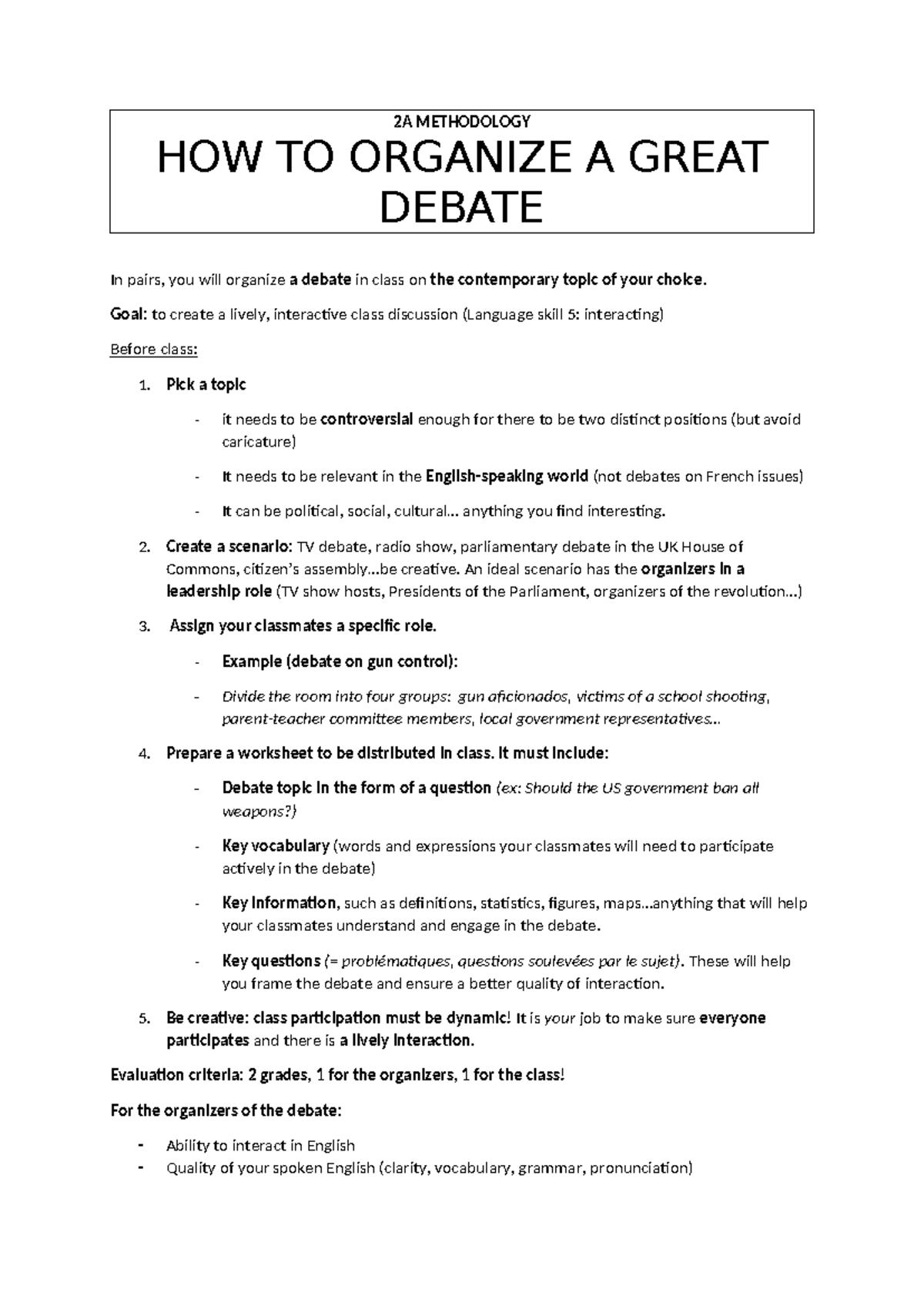 How to Organize an Engaging Debate: Methodology Guide 2A - Studocu