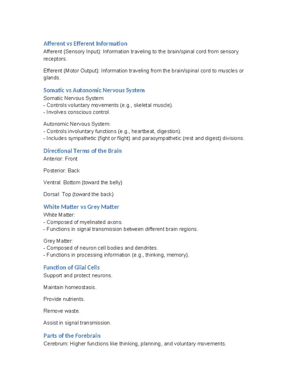 Combined Neuro Cheat Sheet: Afferent vs Efferent & Brain Functions ...