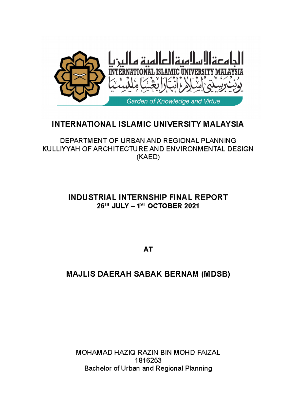 Industrial Internship Final Report (AUP 3364) at MDSB: July - Oct 2021 ...
