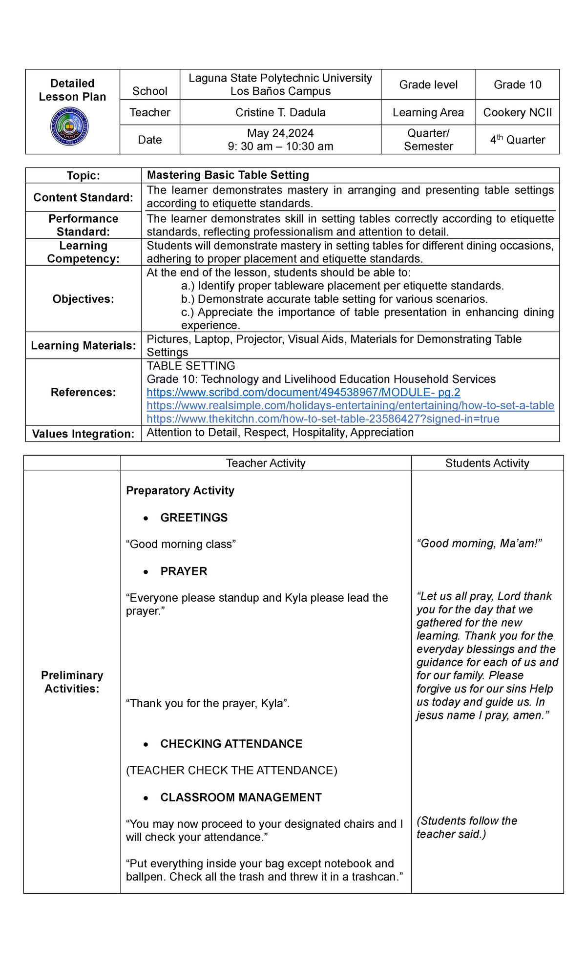 DLP- Final Lesson Plan on Mastering Basic Table Settings - Studocu