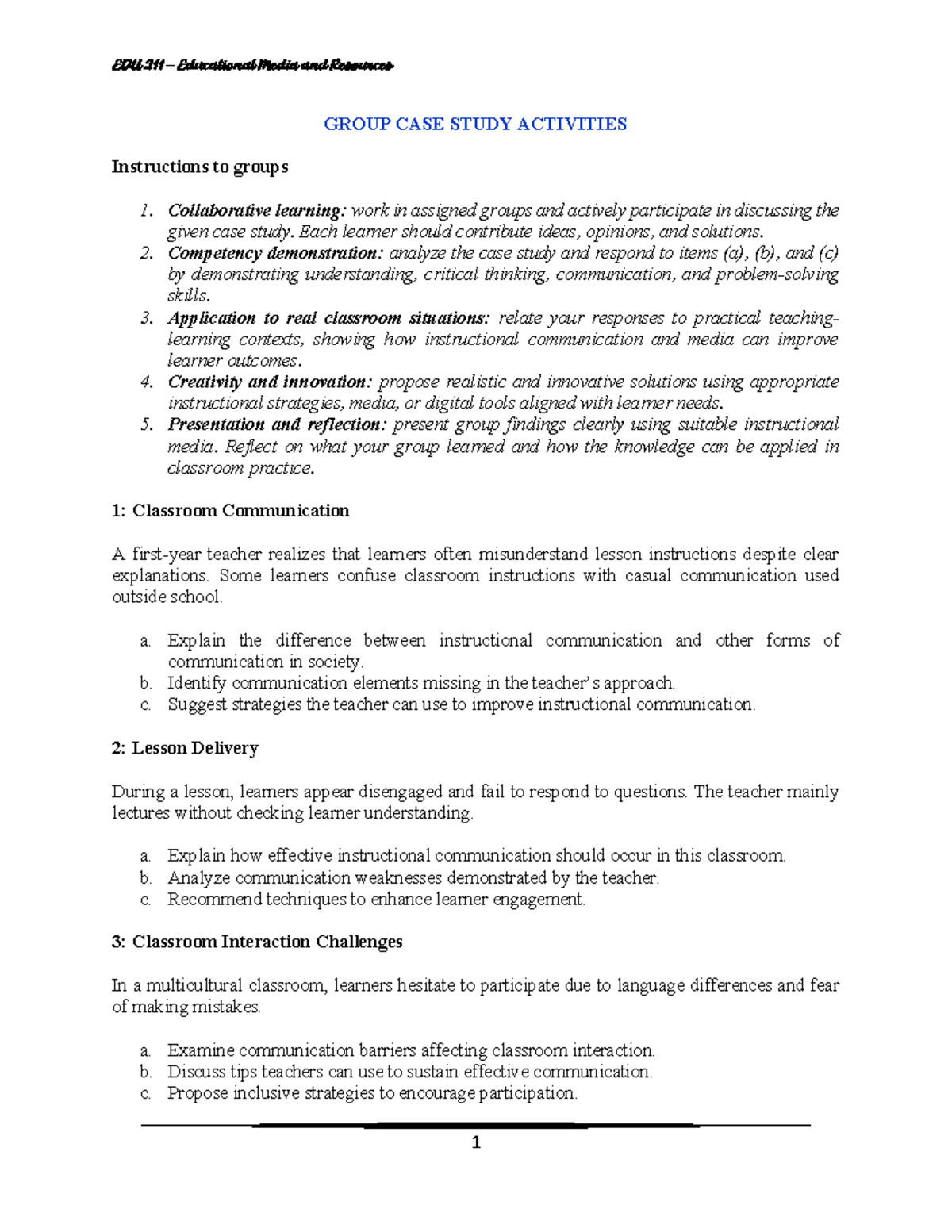 EDU 211 Group Case Study Analysis on Educational Media & Resources ...
