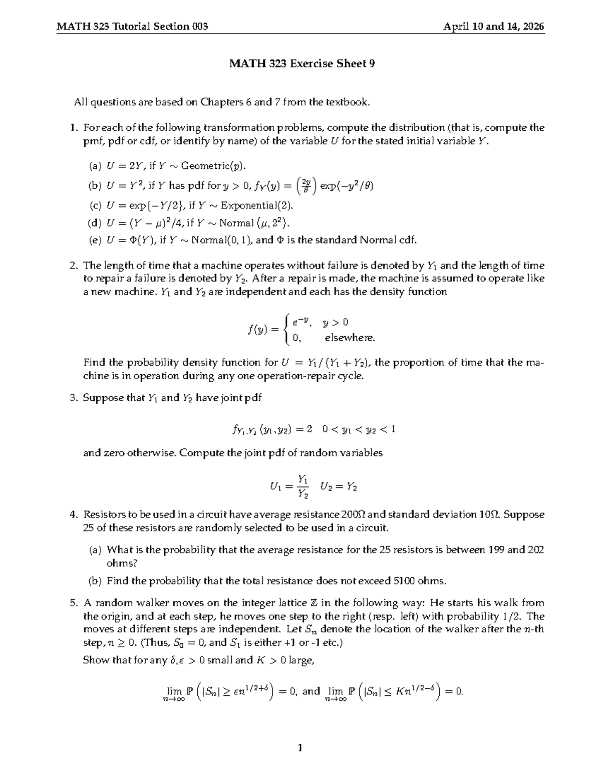 MATH 323 W26 Tutorial Section 003 Exercise Sheet 9 Overview - Studocu