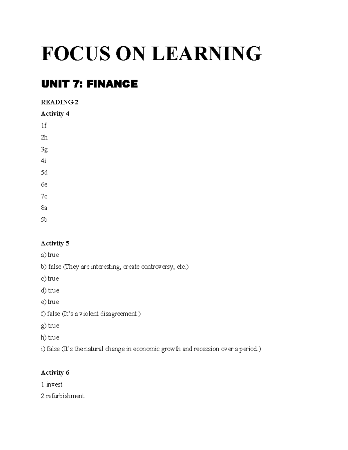 KEY- READ 6- Reading 2 - FOCUS ON LEARNING UNIT 7: FINANCE READING 2 ...