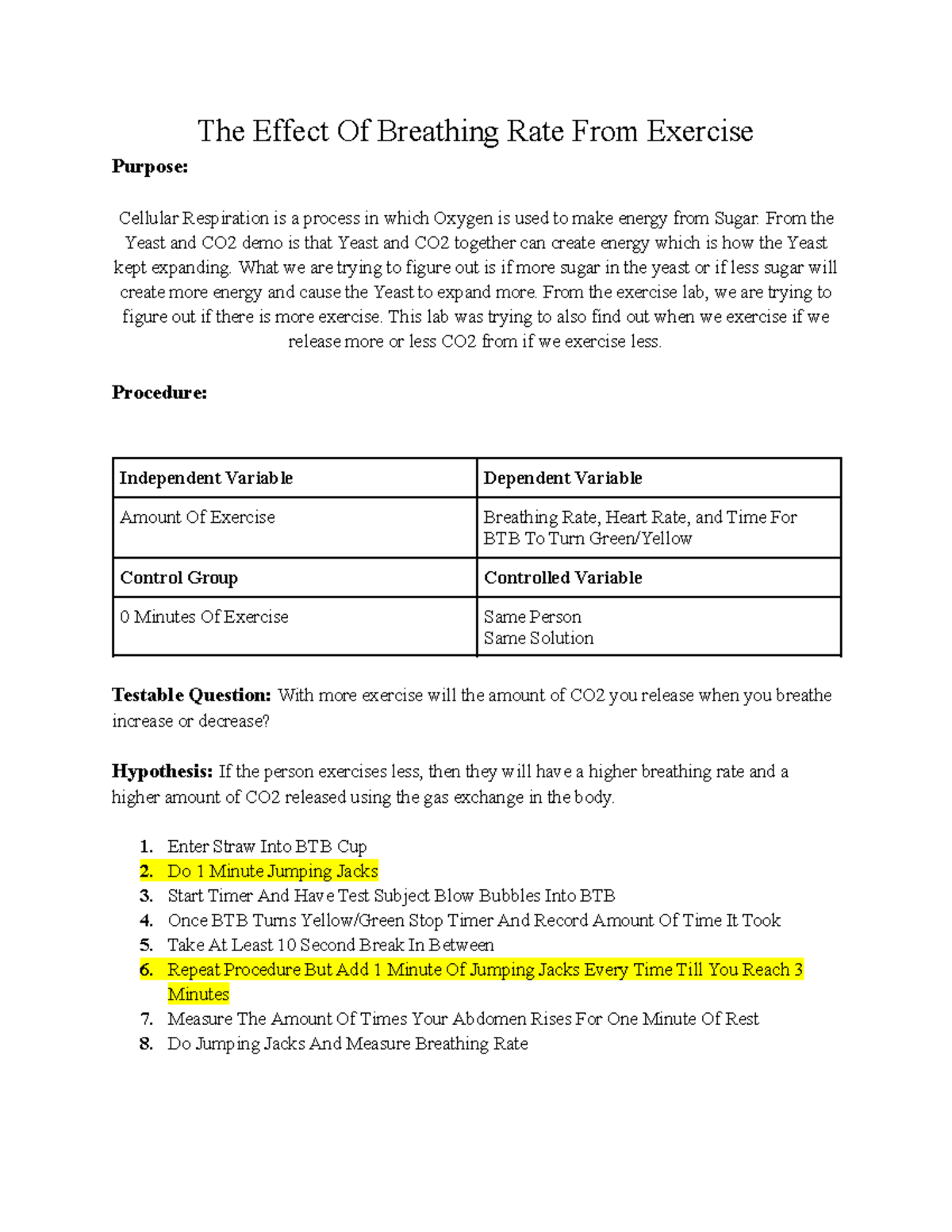Exercise Lab Report: The Impact of Exercise on Breathing Rate - Studocu