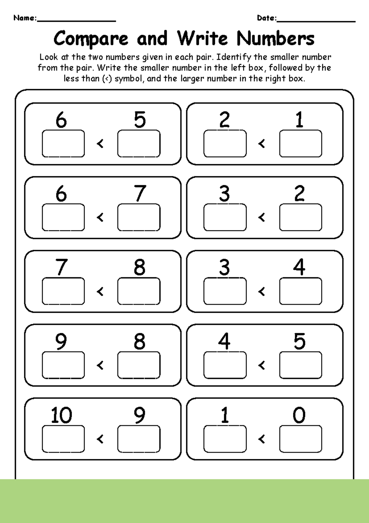 Compare and Write Numbers - Kindergarten Worksheet - Name: Date ...