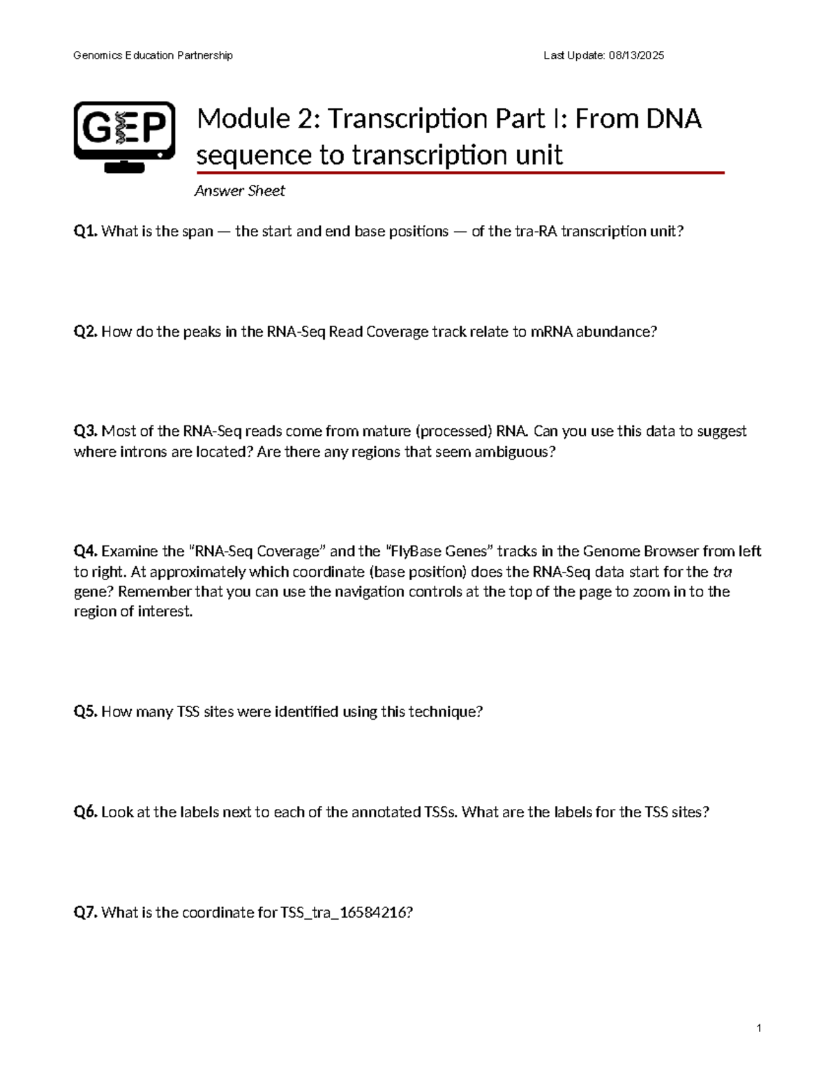Genomics Education Partnership: Module 2 Transcription Part I Answer ...